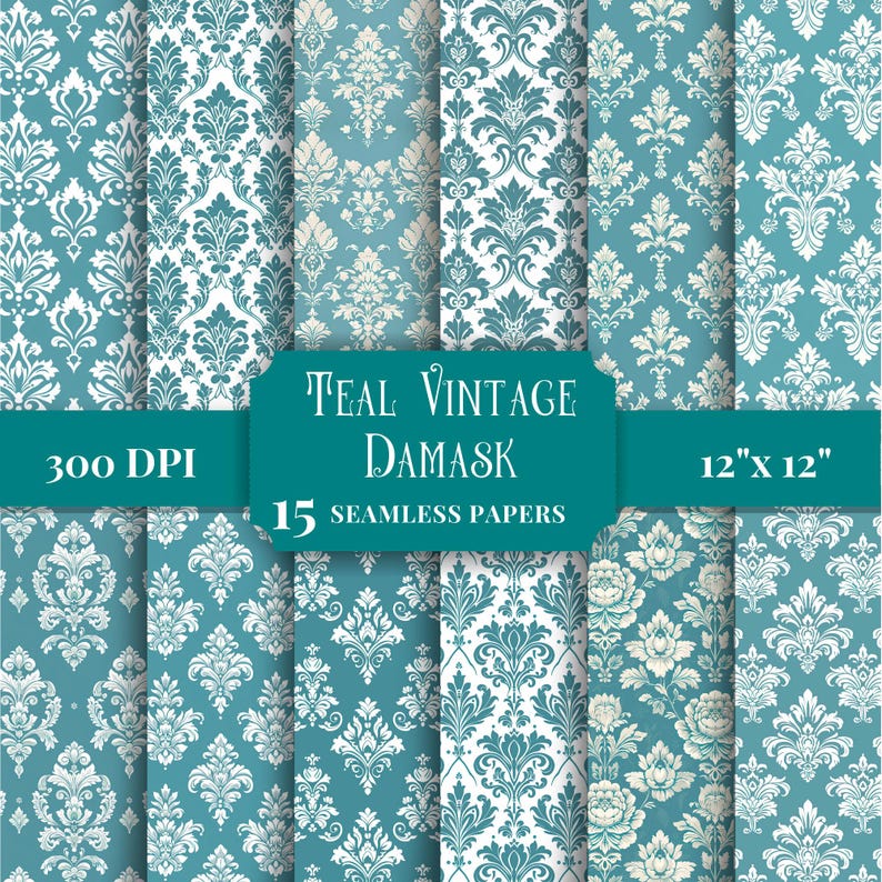 Seamless Teal Damask Digital Paper, Stylish Vintage Victorian Patterns ...