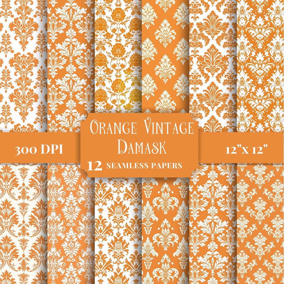 Seamless Orange Damask Digital Paper, Stylish Vintage Victorian ...