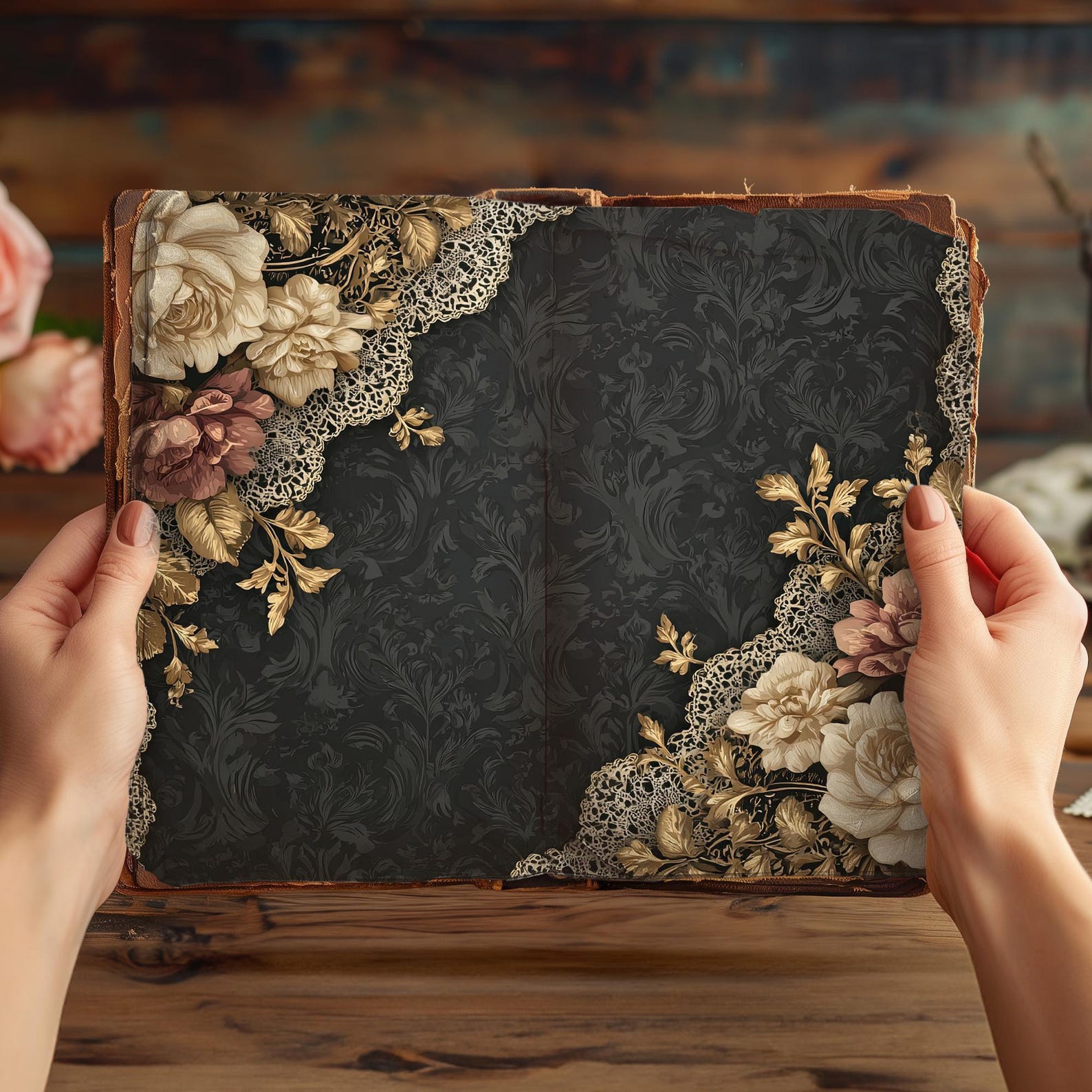 Antique Damask & Lace Digital Paper, Vintage Black Junk Journal ...