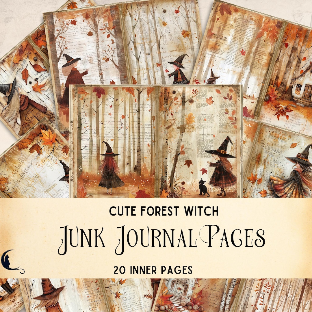 Cute Witch Collage Junk Journal Pages, Halloween Journal, Forest Witch ...