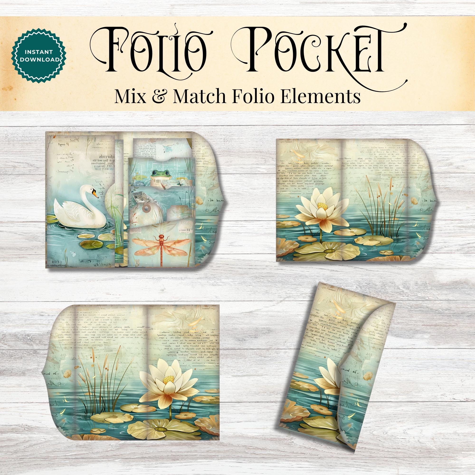 Pond Life Water Lily Folio Kit, Digital Ephemera, Watercolor Collage Printable Folding Folio ...