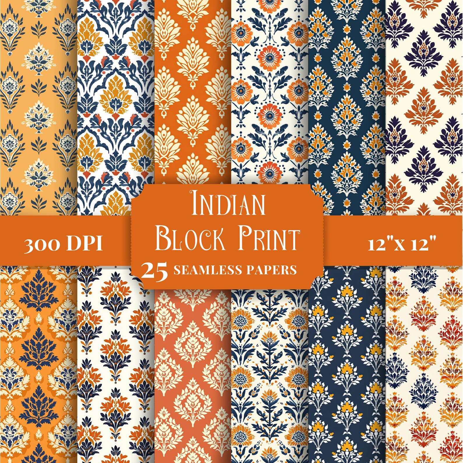 Indian Block Print Digital Paper, Seamless Floral Patterns, Printable ...