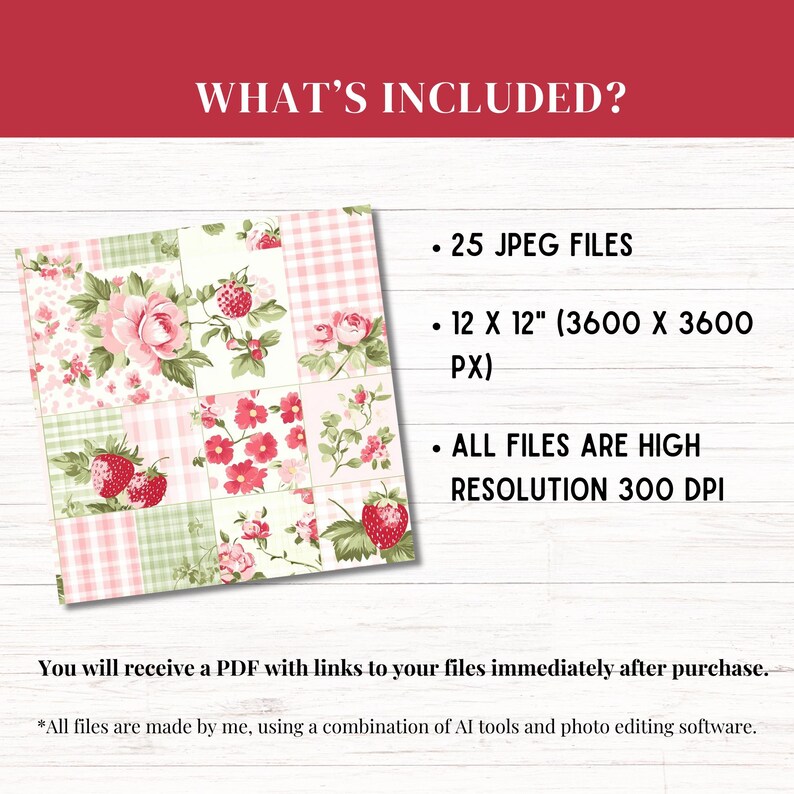 Retro Strawberry Patchwork Digital Paper Gingham Backgrounds Vintage ...