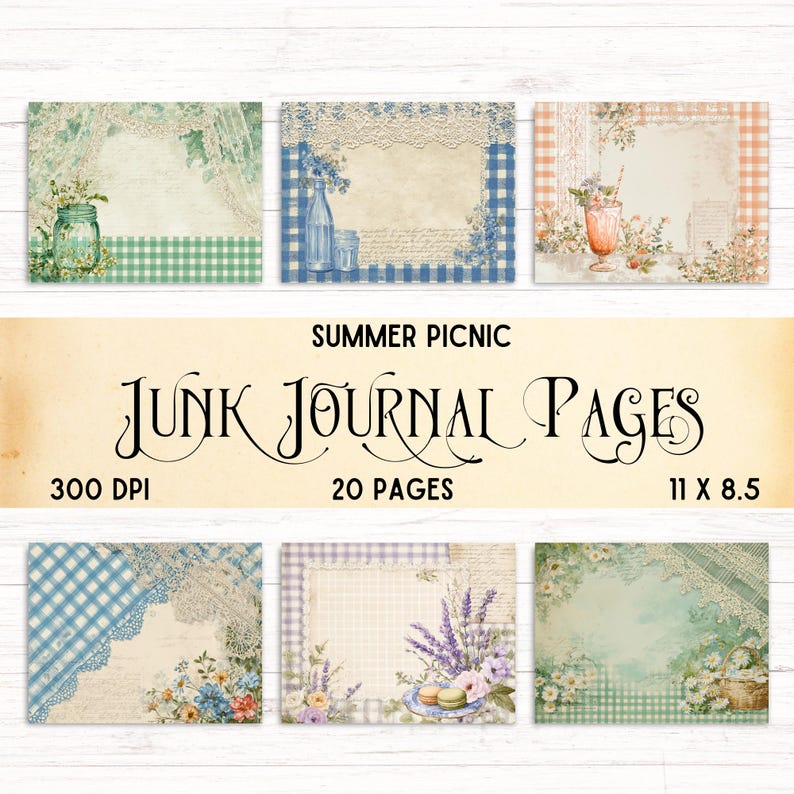Summer Picnic Gingham & Lace Junk Journal Kit, Printable Cottagecore ...