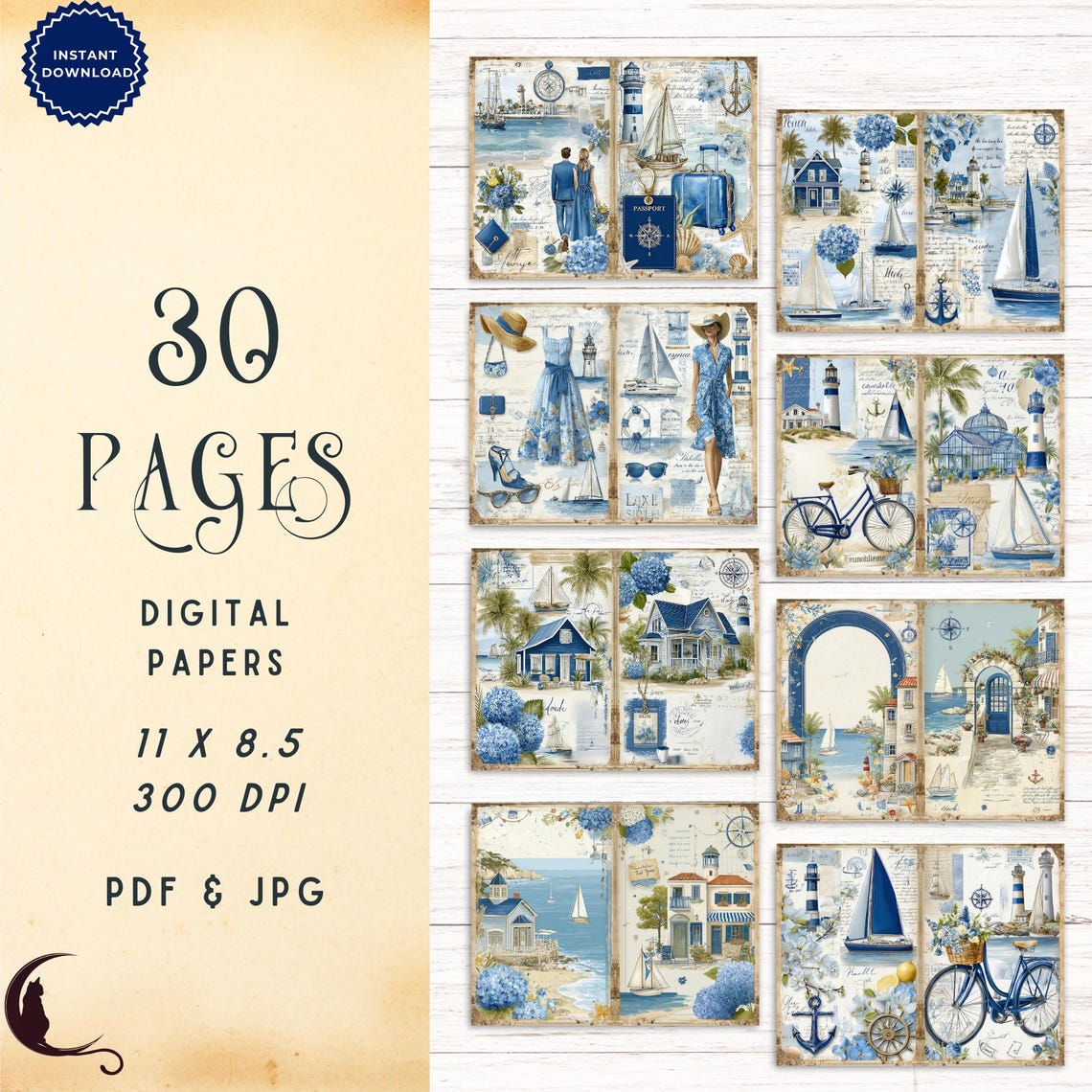 Blue Getaway Junk Journal Pages, Printable Beach Vacation Collage ...