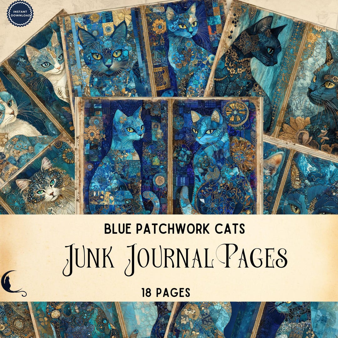 Blue Patchwork Cats Junk Journal, Cute Cats, Cats in Patchwork ...