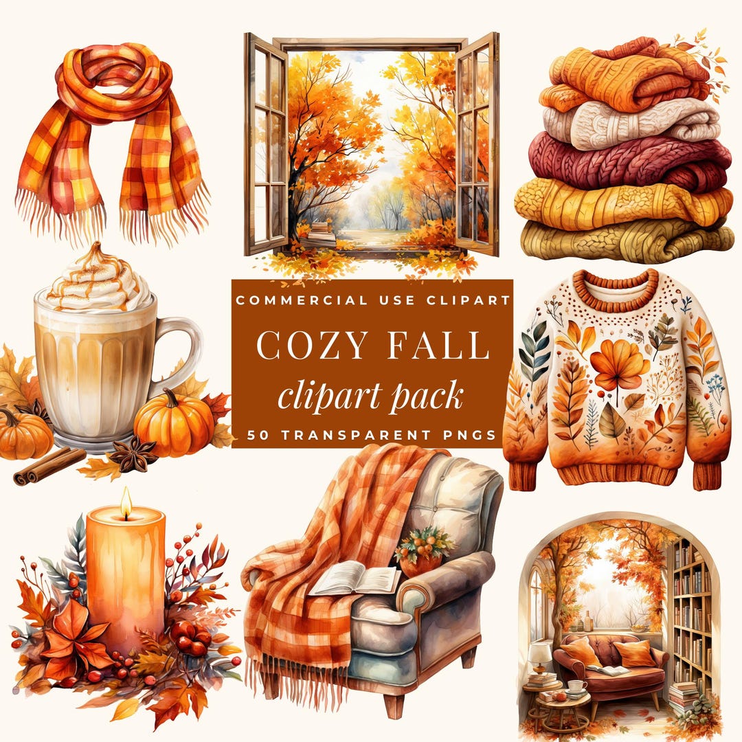 Cozy Fall Clipart Bundle, Watercolor Fall Leaves, Sweater Weather ...