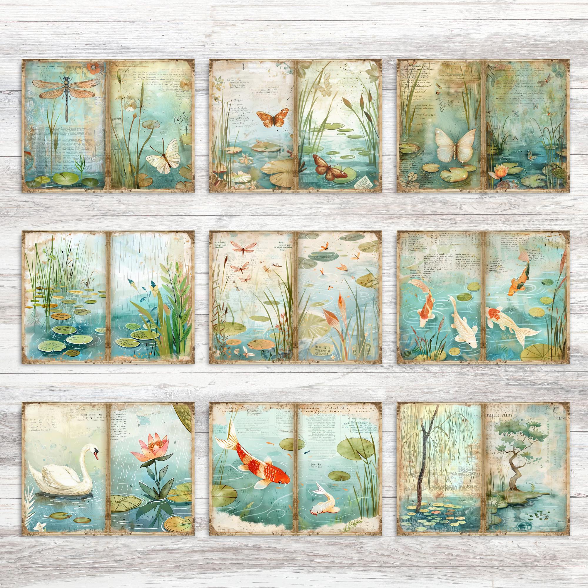 Junk Journal Kits Pond, Pond Water Digital Papers, Koi Fish, Dragonfly ...