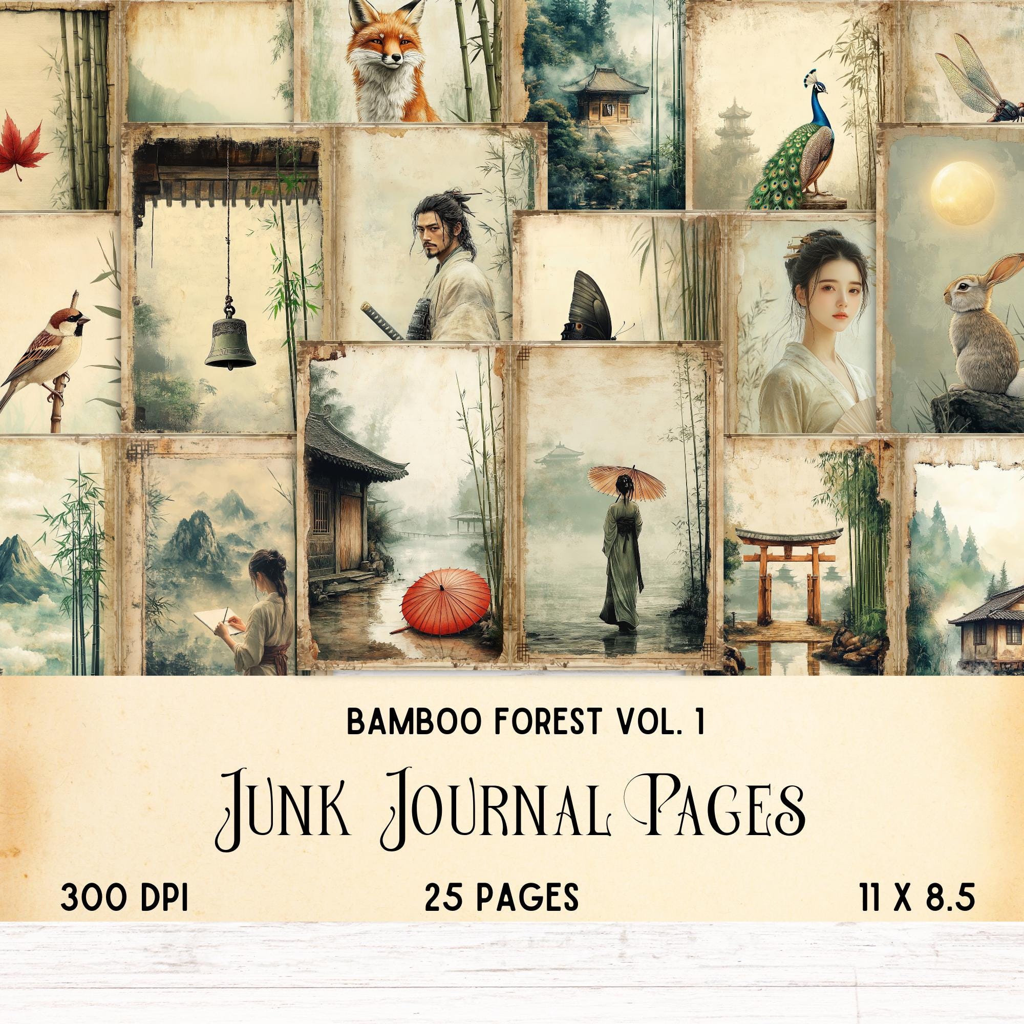 Asian Bamboo Junk Journal, Japan Scrapbook Kit, Japanese Garden Digital ...