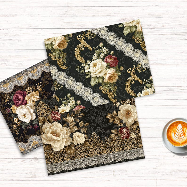 Antique Damask & Lace Digital Paper, Vintage Black Junk Journal ...