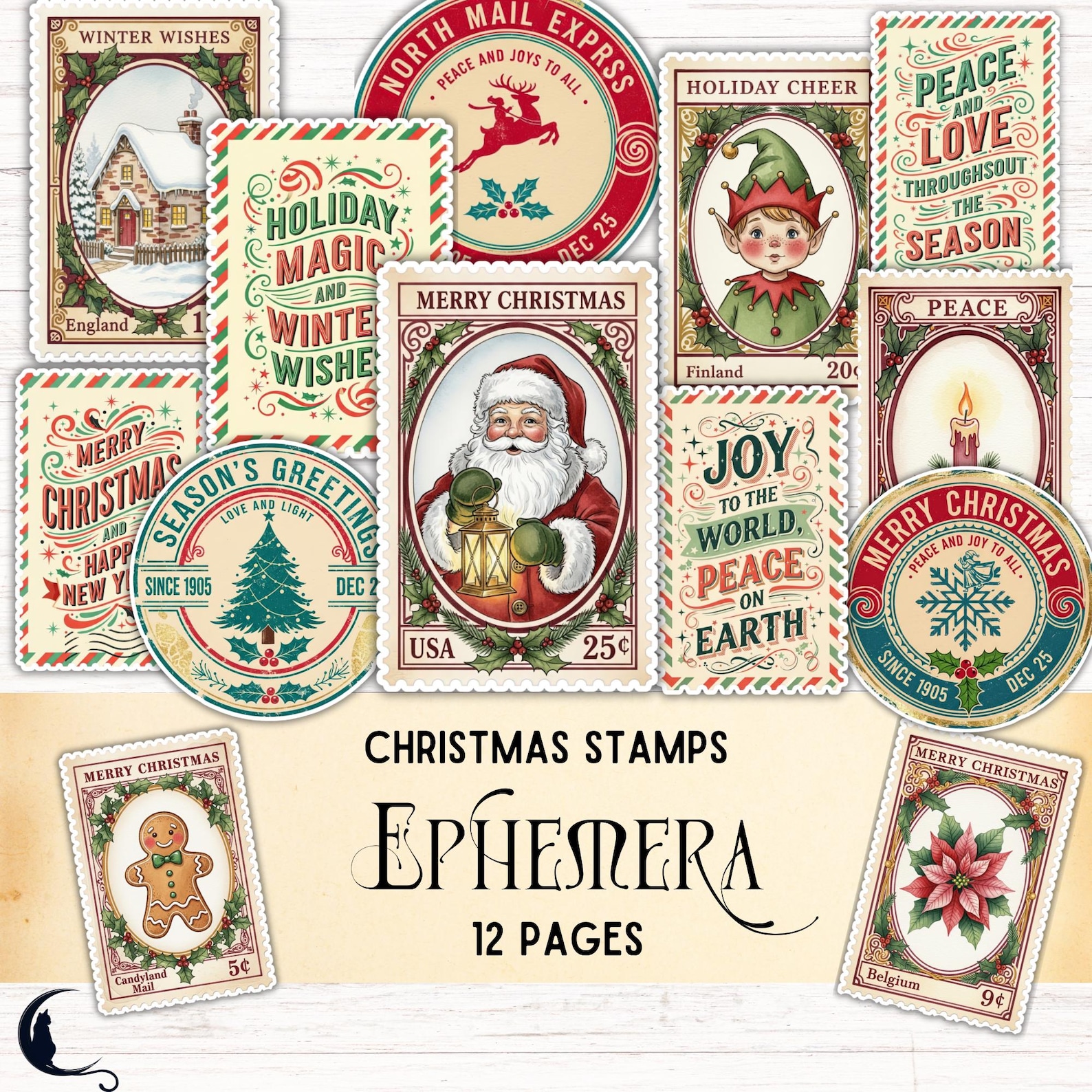 Christmas Stamp Ephemera Kit, Printable Vintage Holiday Stamps for Junk ...