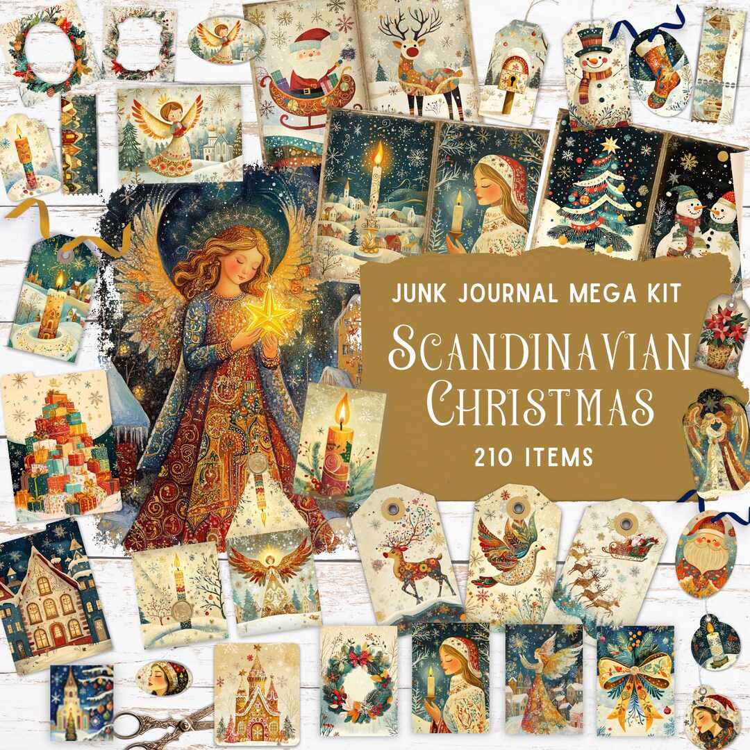 Scandinavian Folk Art Christmas Junk Journal Kit, Nordic Christmas ...
