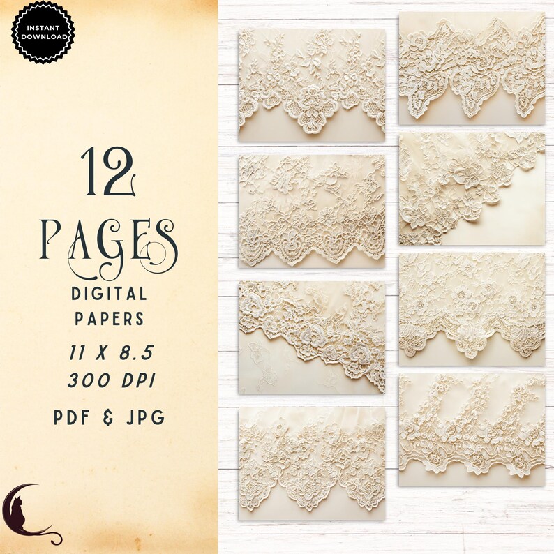 Ivory Lace Digital Paper Pack, Printable Scrapbook Kit, Vintage Lace ...