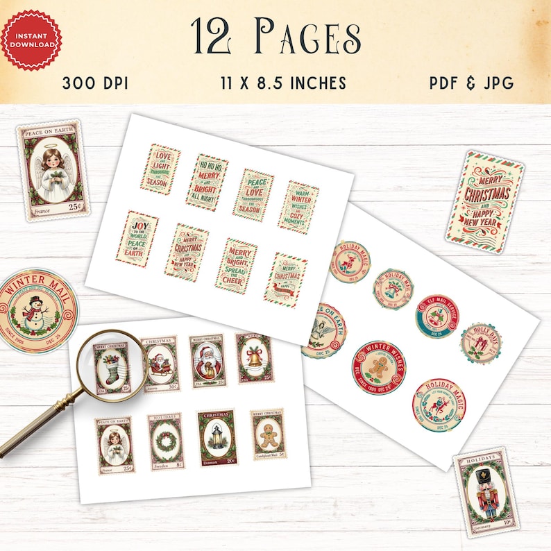 Christmas Stamp Ephemera Kit, Printable Vintage Holiday Stamps for Junk ...