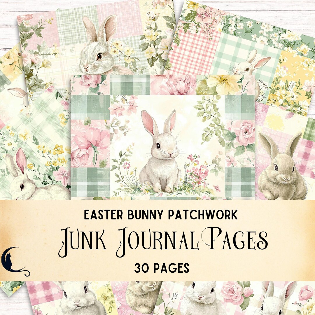 Easter Gingham Patchwork Collage, Whimsical Bunny Pattern Junk Journal ...