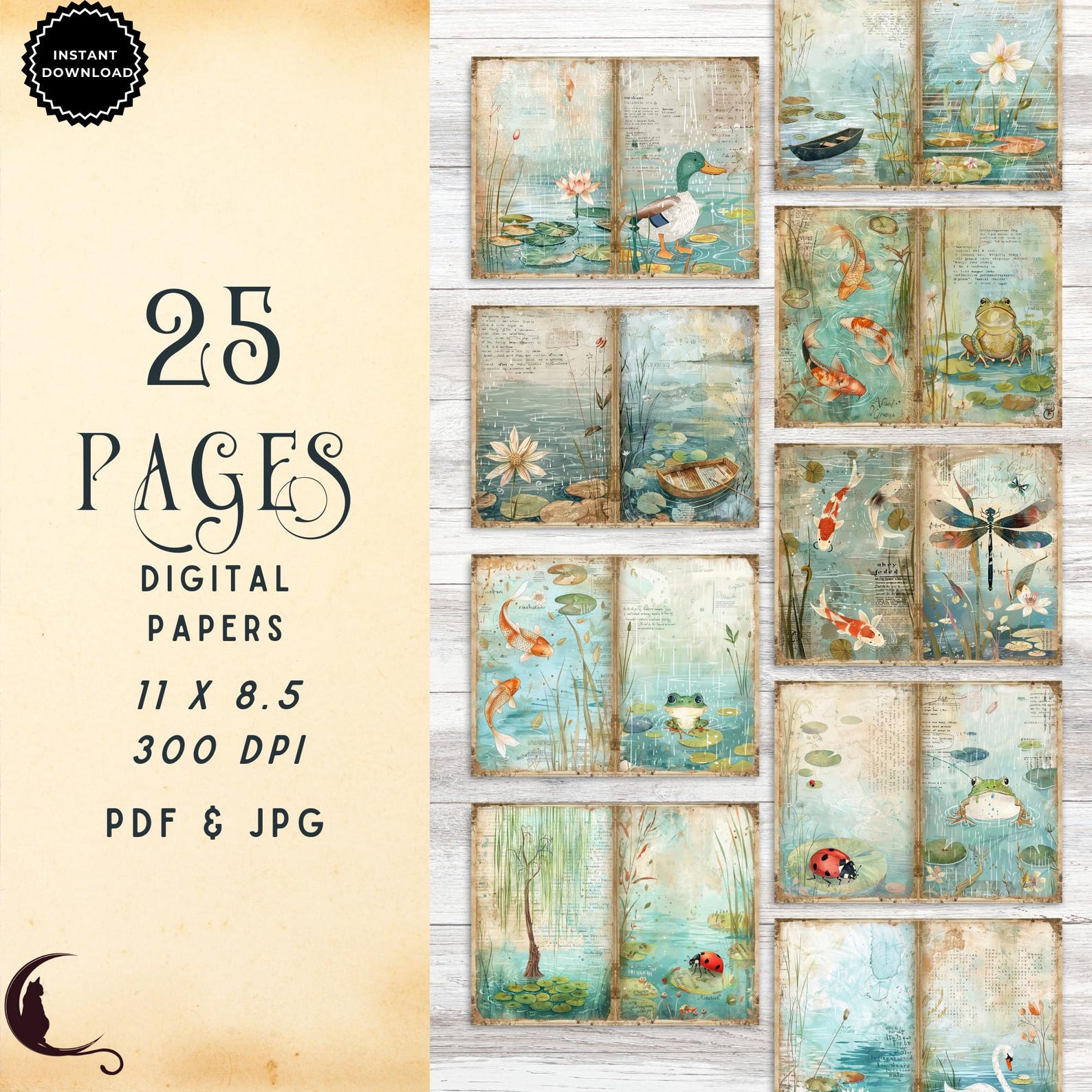 Junk Journal Kits Pond, Pond Water Digital Papers, Koi Fish, Dragonfly ...