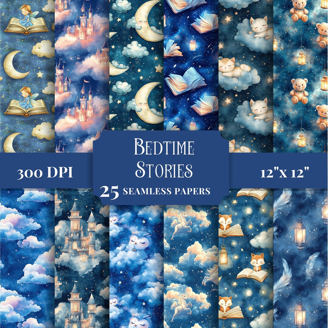 Seamless Bedtime Stories Digital Paper Pack, Whimsical Nursery Patterns ...