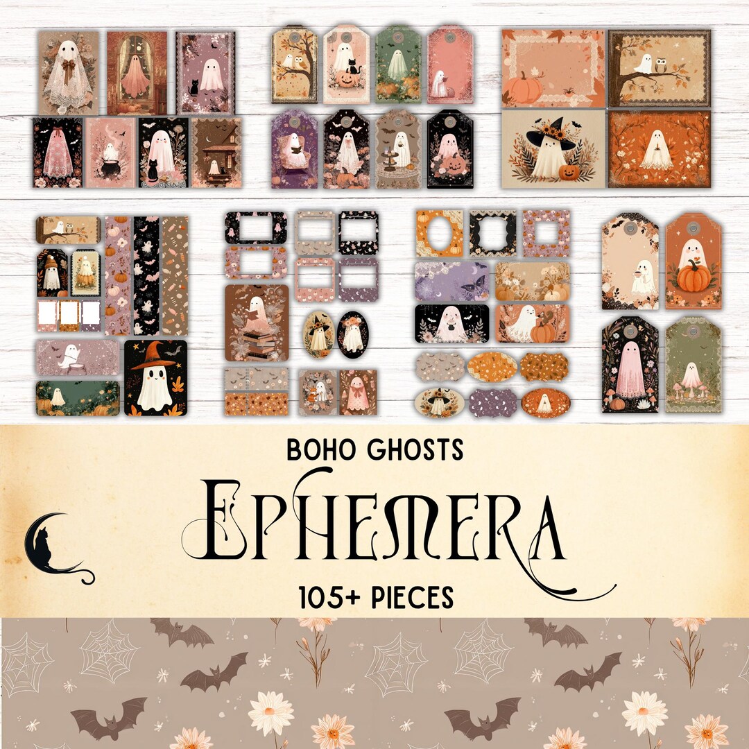 Boho Ghosts Junk Journal Ephemera Kit, Printable Whimsical Halloween ...