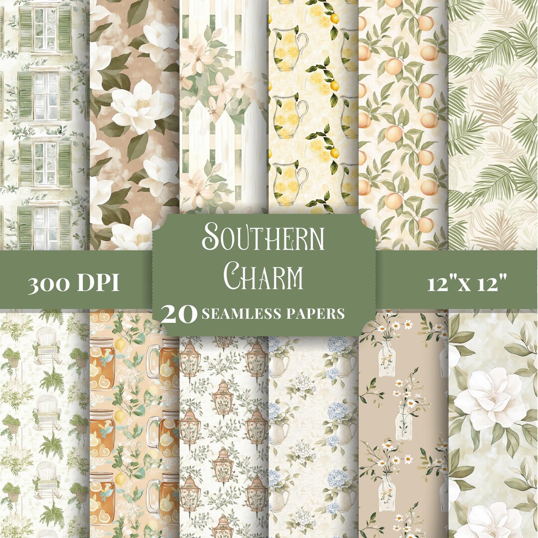 Southern Charm Digital Paper Pack, Seamless Patterns for Scrapbooking ...