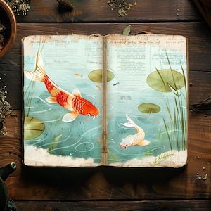 Junk Journal Kits Pond, Pond Water Digital Papers, Koi Fish, Dragonfly ...