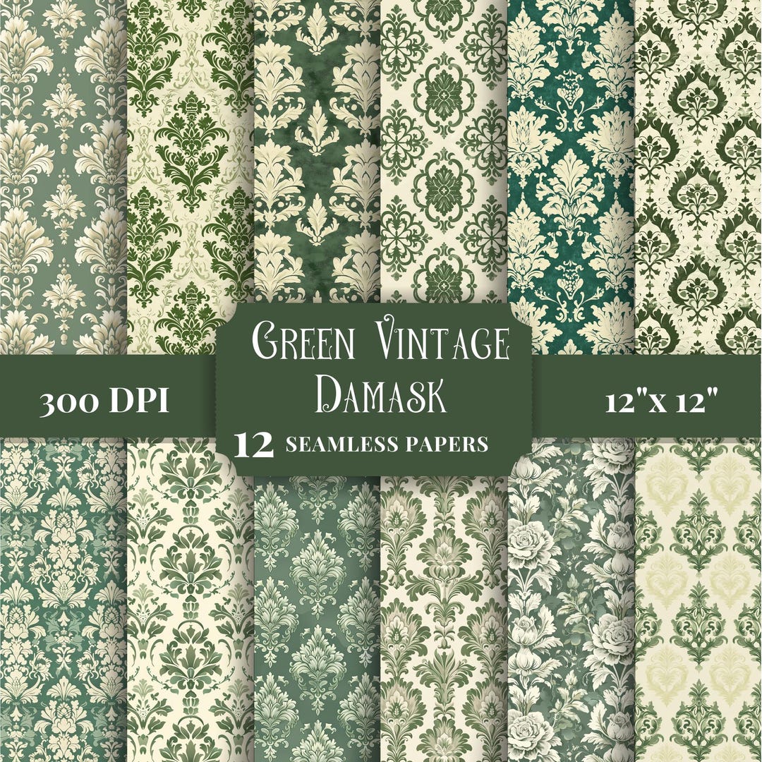 Seamless Green Damask Digital Paper, Stylish Vintage Victorian Patterns ...