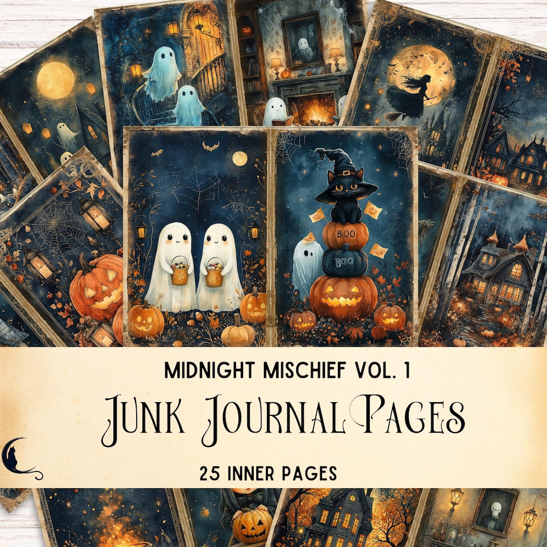 Midnight Mischief Whimsical Halloween Junk Journal Kit, Cute Ghost ...