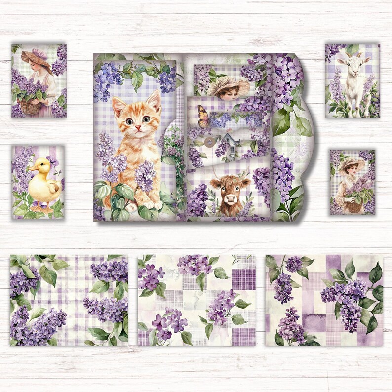 Lilac Gingham Junk Journal Kit, Shabby Vintage Ephemera, Printable ...