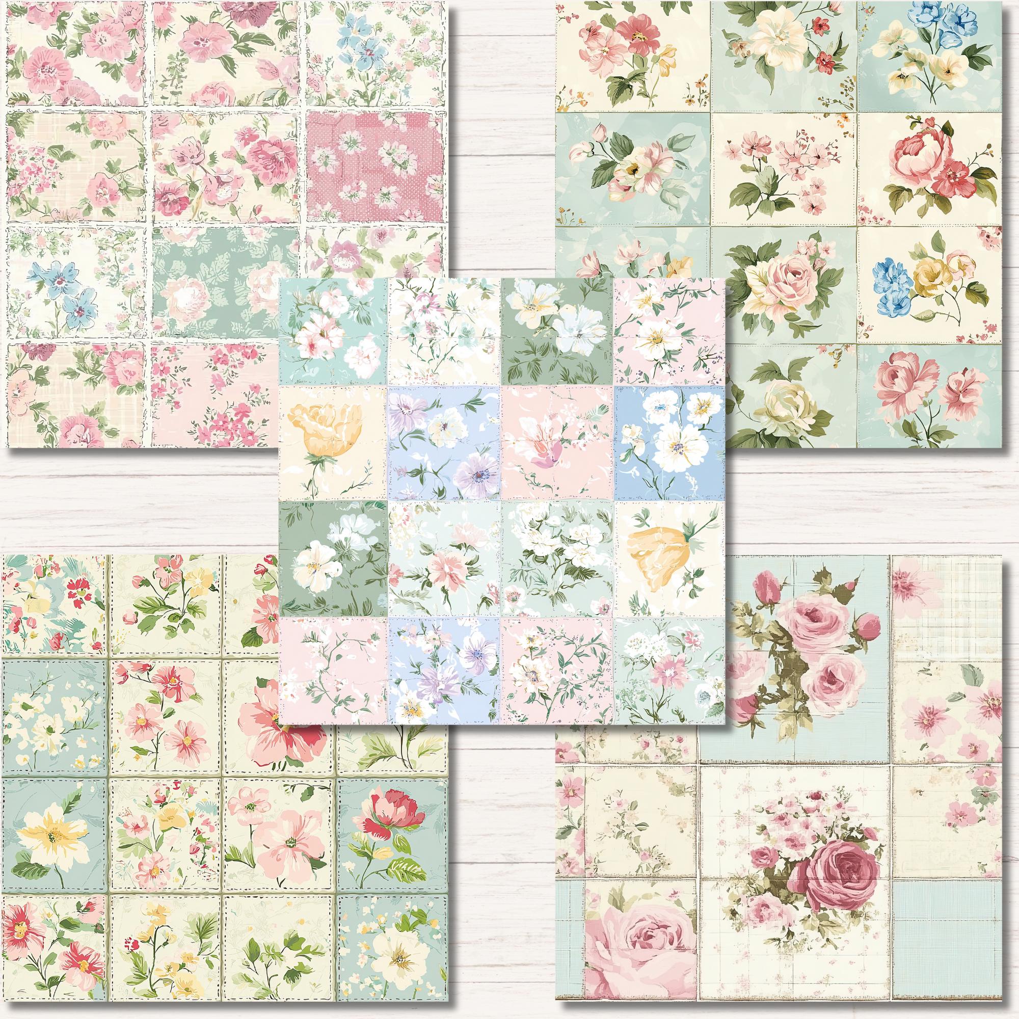 Pastel Floral Patchwork Digital Paper, Vintage Cottagecore Backgrounds ...