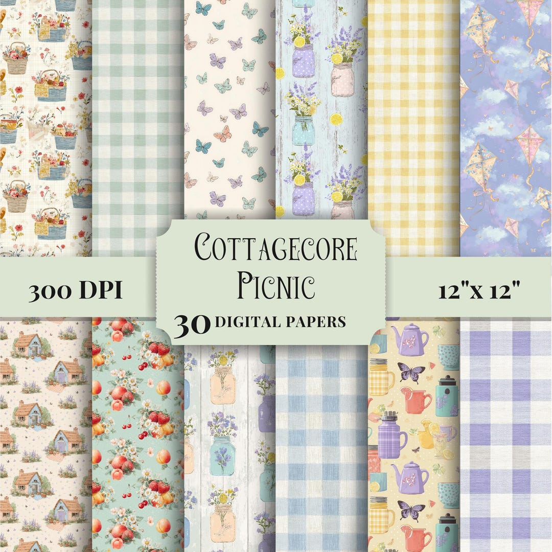 Seamless Picnic Pattern Pastel Cottagecore Digital Paper Retro Gingham ...