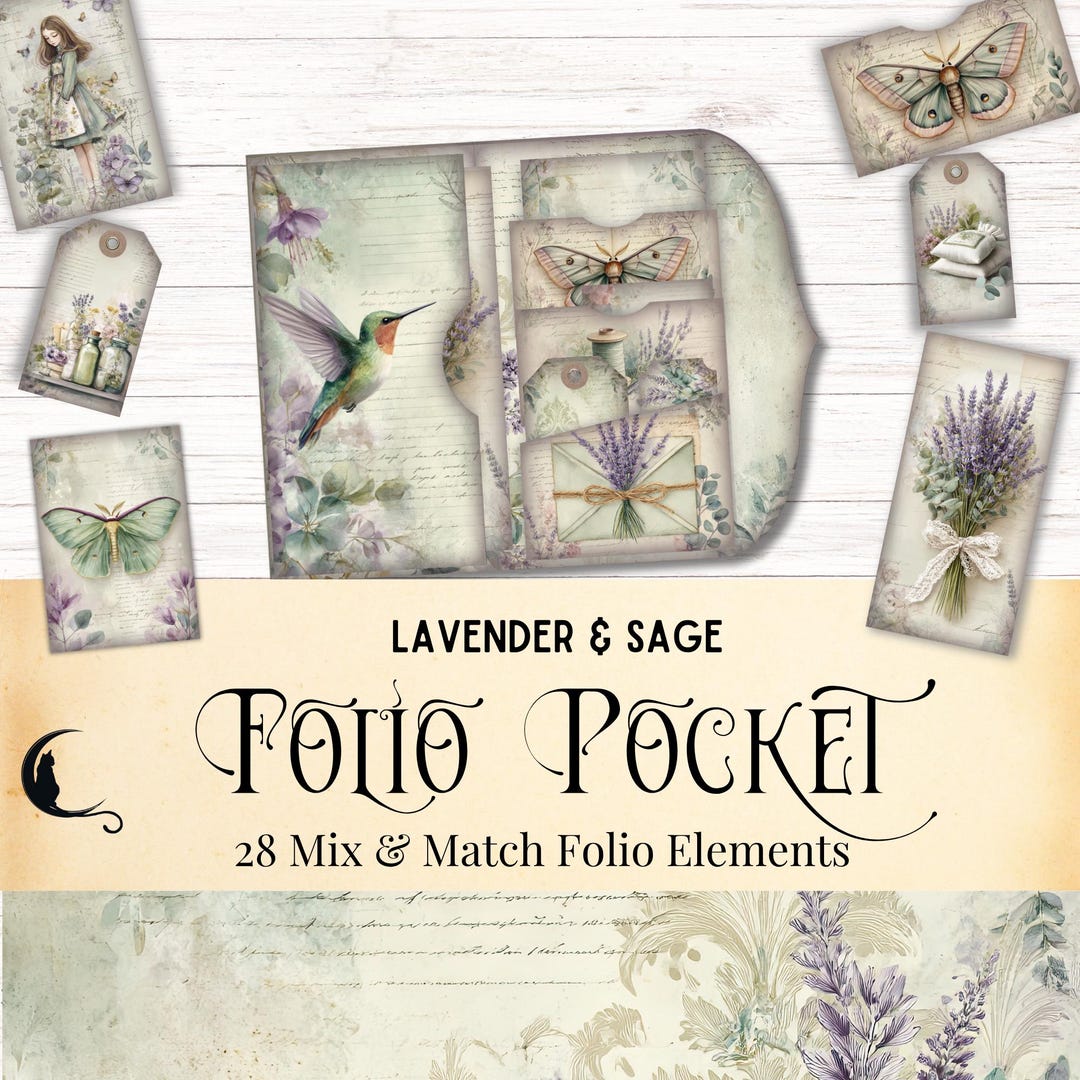Lavender Sage Junk Journal Folio Pocket Kit, Printable Botanical ...