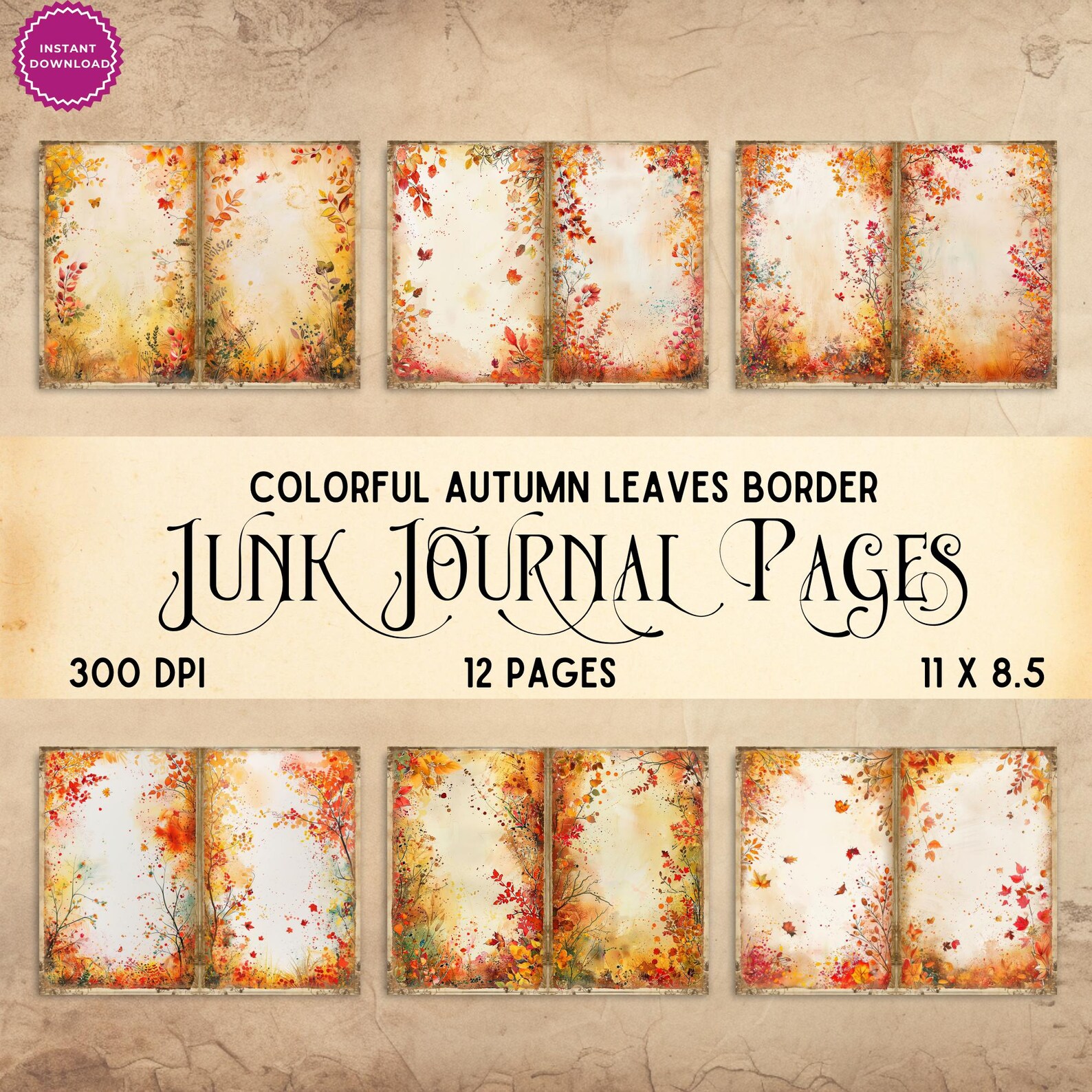 Colorful Autumn Borders Junk Journal Pages, Digital Fall Scrapbook ...