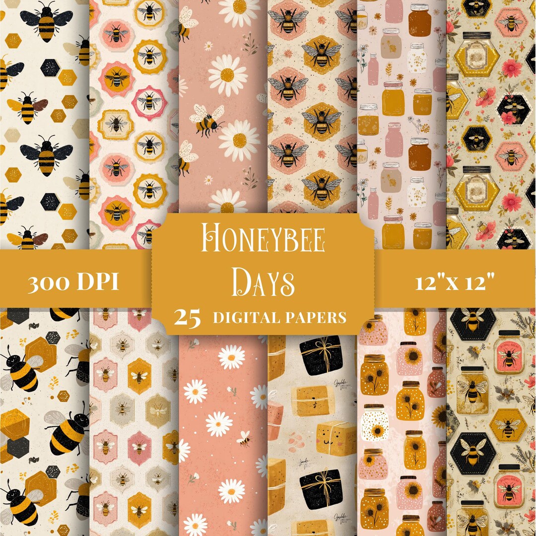 Seamless Honeybee Digital Paper, Cute Bumble Bee Patterns, Printable ...