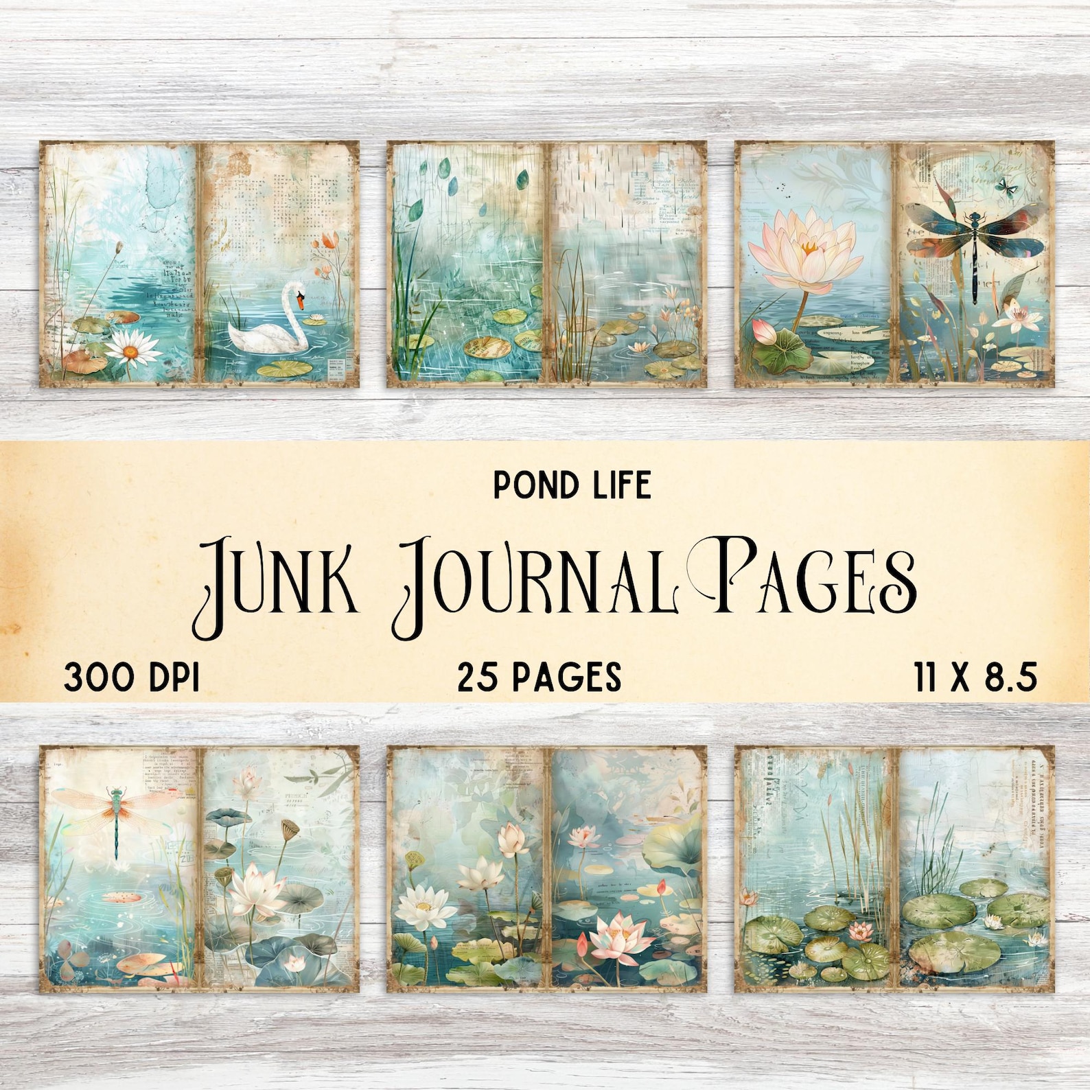 Junk Journal Kits Pond, Pond Water Digital Papers, Koi Fish, Dragonfly ...