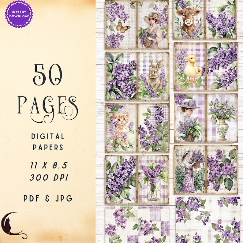 Lilac Gingham Junk Journal Kit, Shabby Vintage Ephemera, Printable ...