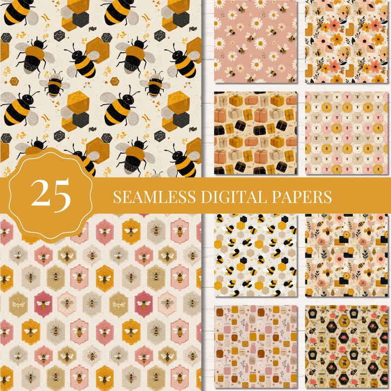 Seamless Honeybee Digital Paper, Cute Bumble Bee Patterns, Printable ...