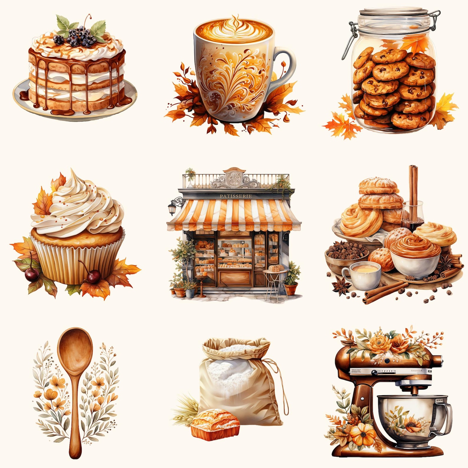 Autumn Bakery Clipart, Coffee Lover PNG, Autumn Treats, Watercolor ...