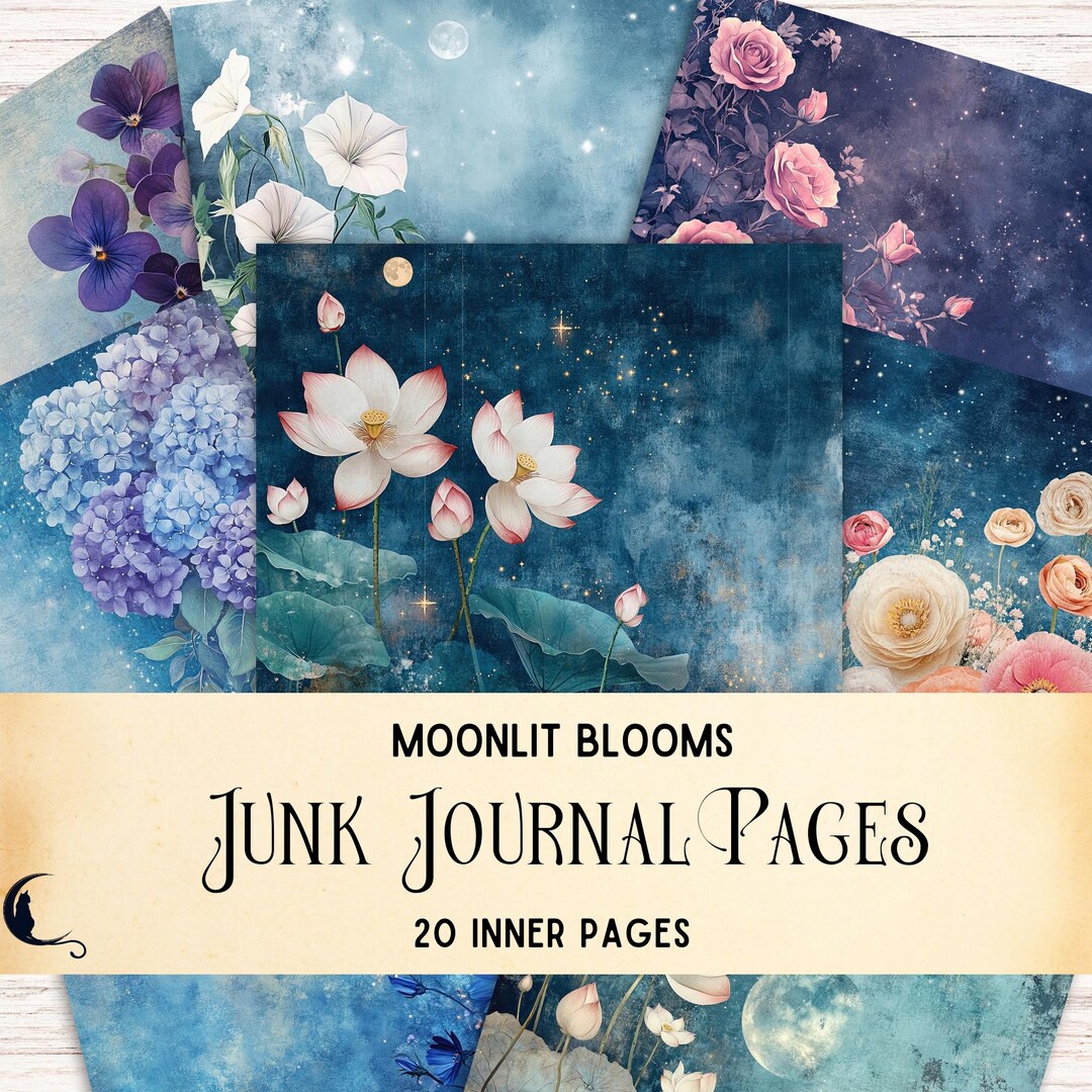 Moonlit Blooms Junk Journal Pages, Night Flowers Digital Paper ...