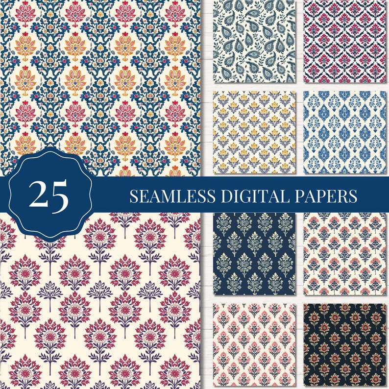 Indian Block Print Digital Paper, Seamless Floral Patterns, Printable ...