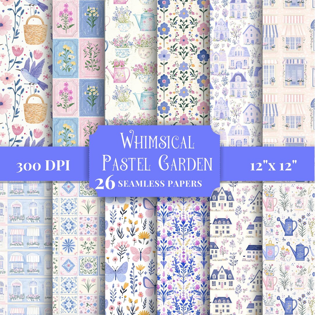 Seamless Whimsical Pastel Garden Digital Paper, Folk Art Patterns for ...
