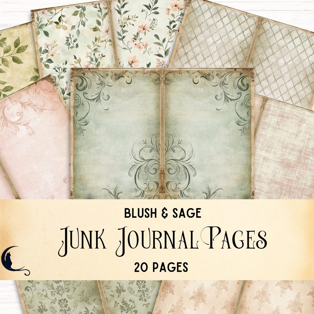 Blush & Sage Junk Journal Pages, Vintage Digital Scrapbook Paper ...