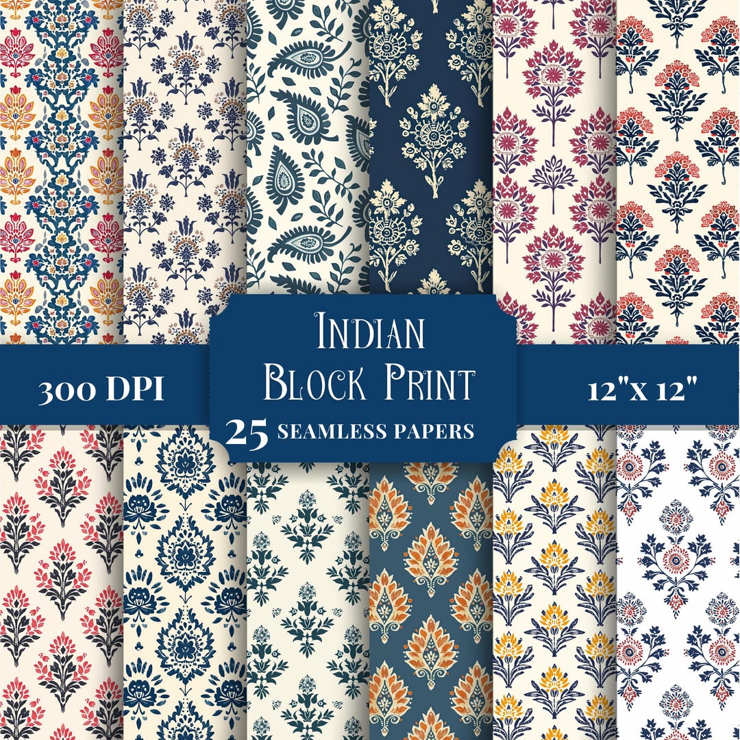 Indian Block Print Digital Paper, Seamless Floral Patterns, Printable ...