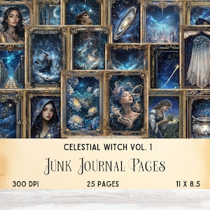 Celestial Mystic Witch Junk Journal Pages, Moon Star Digital Paper ...
