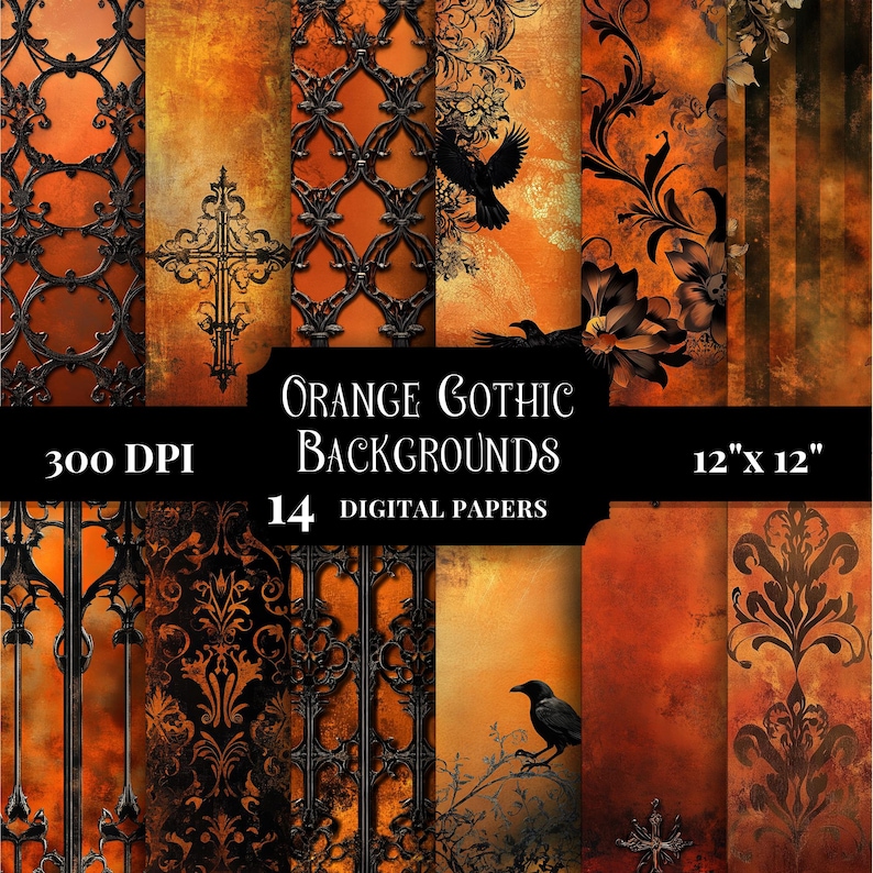 Orange Black Gold Gothic Digital Paper, Dark Aesthetic Printable ...
