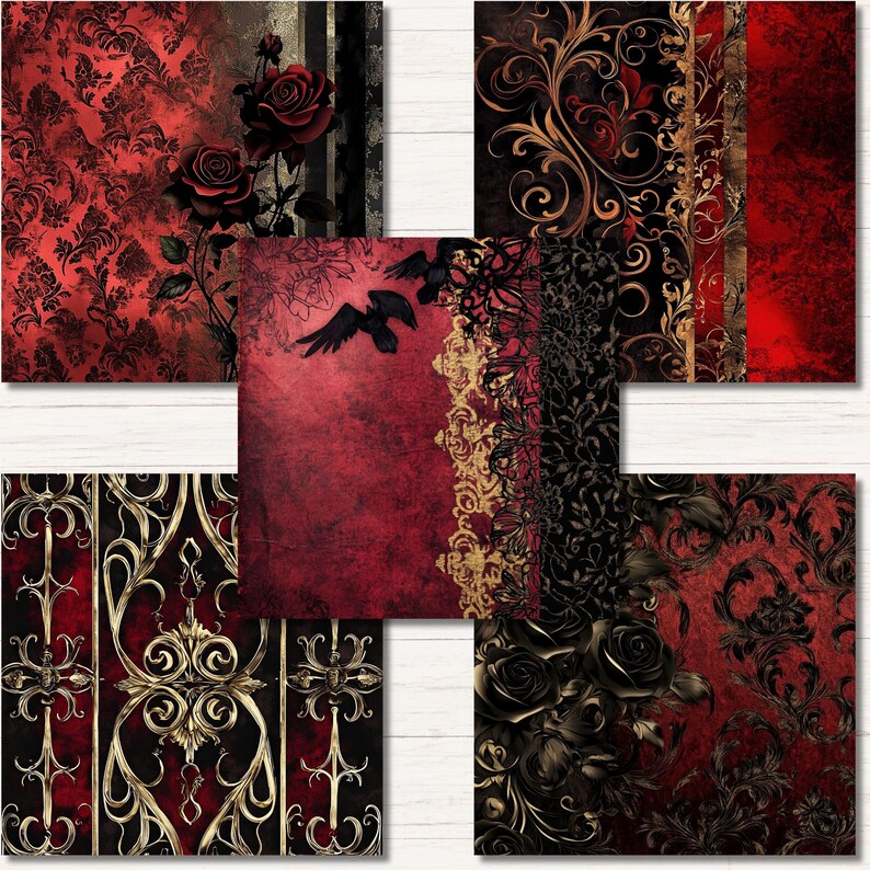 Red Black Gold Gothic Digital Paper, Dark Aesthetic Printable ...