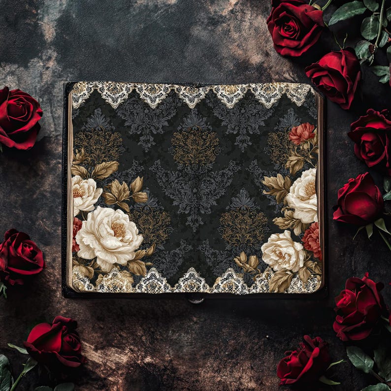 Antique Damask & Lace Digital Paper, Vintage Black Junk Journal ...