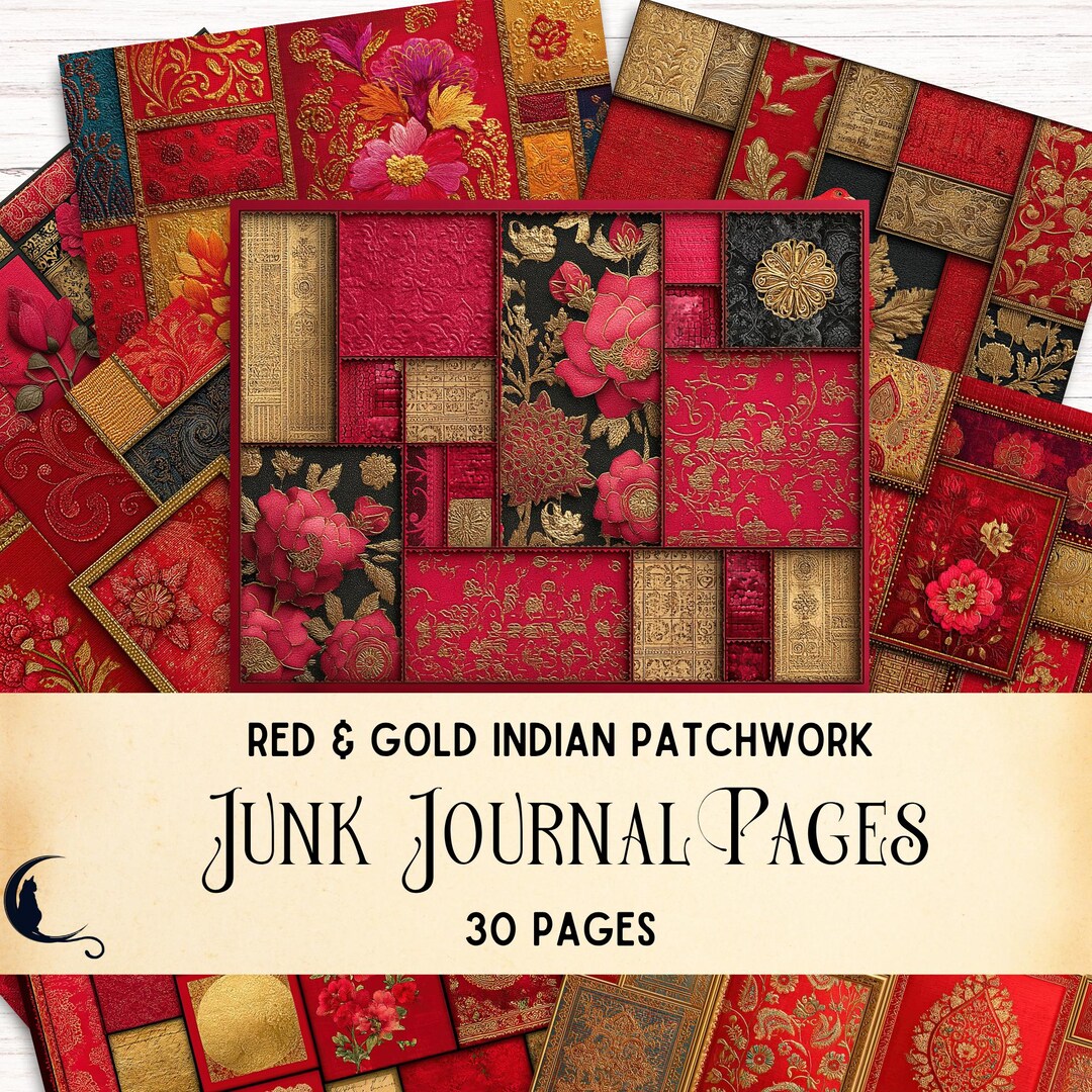 Red & Gold Indian Patchwork Collage Junk Journal, Vintage Scrapbook ...