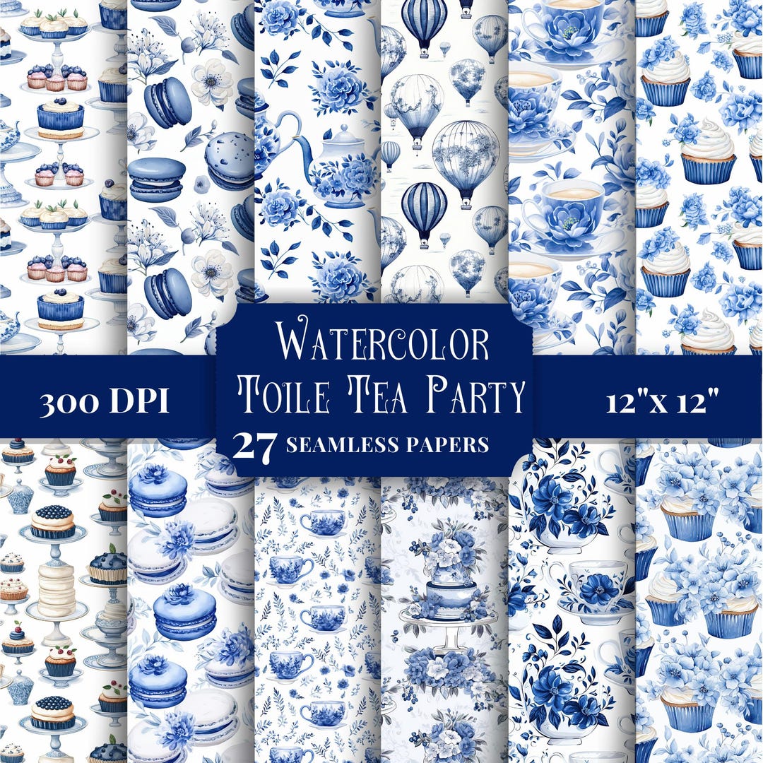 Seamless Watercolor Chinoiserie Tea Party Digital Paper, Printable Blue ...
