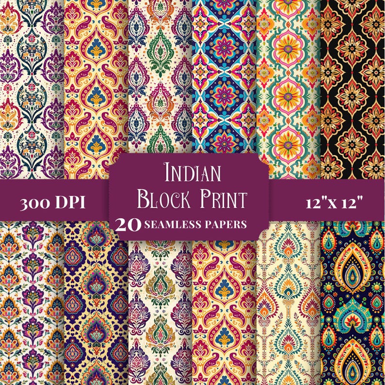 Indian Block Print Digital Paper, Seamless Floral Patterns, Printable ...