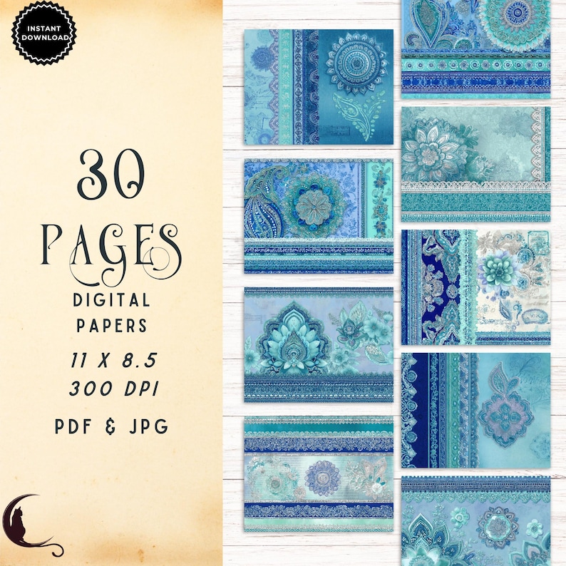 Blue Green Indian Collage Junk Journal Kit, Printable Digital Scrapbook ...