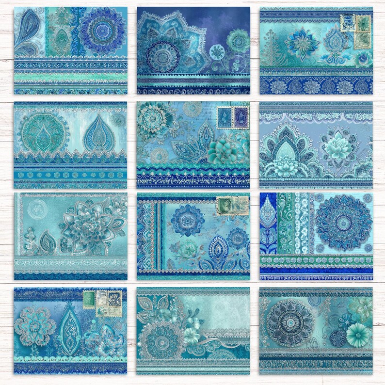 Blue Green Indian Collage Junk Journal Kit, Printable Digital Scrapbook ...